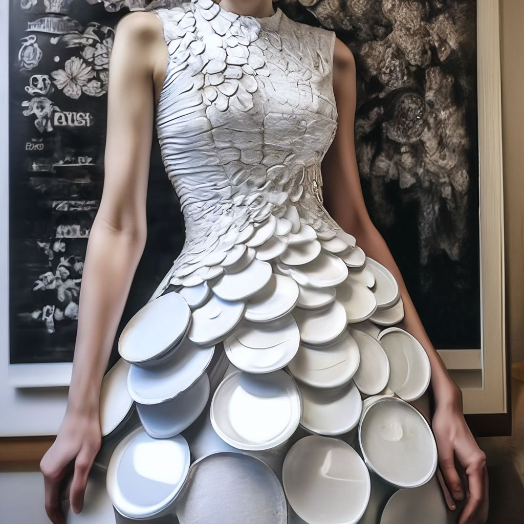 "A dress made of white plates, clothes of the future, hyperrealism ...