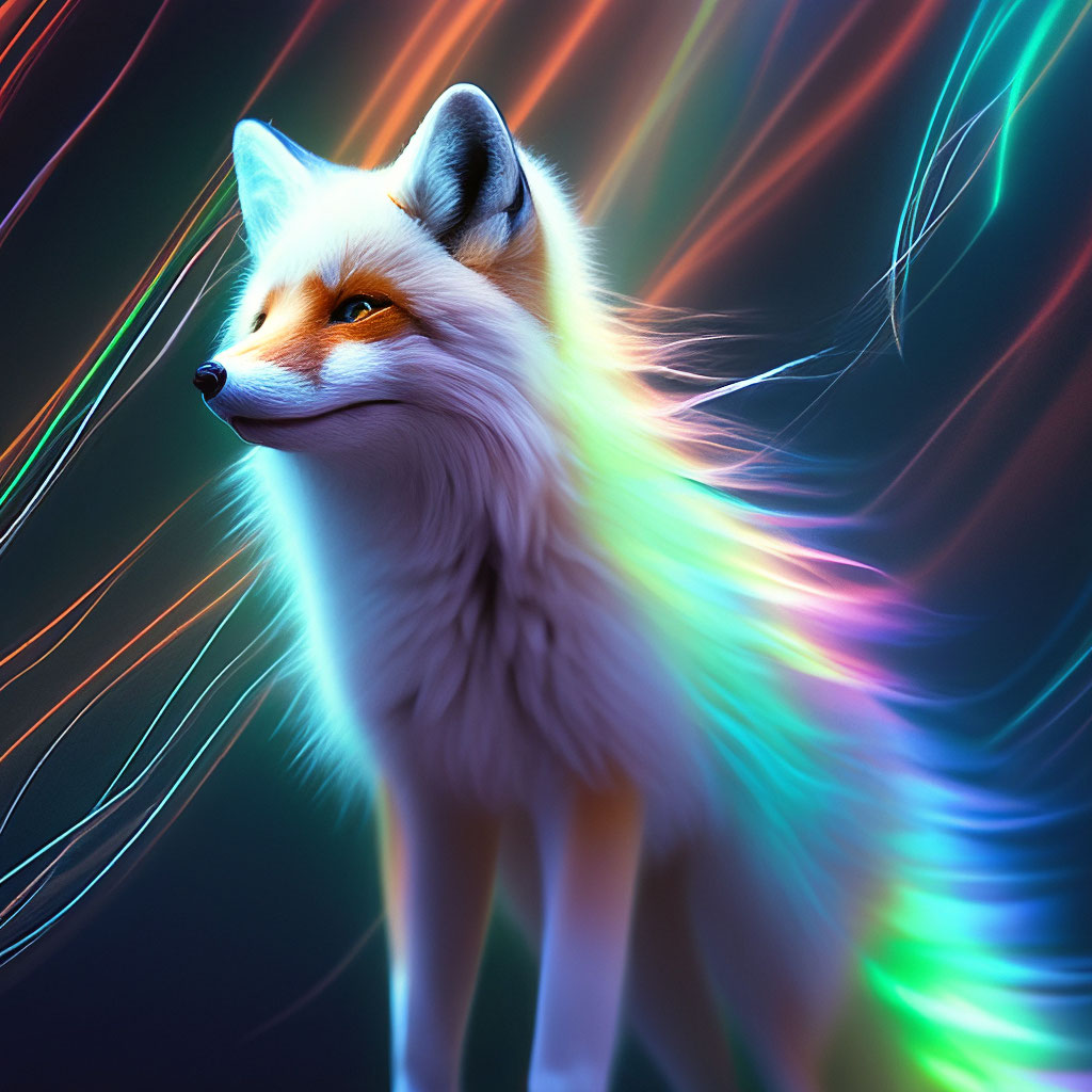 "Fox consisting of lines of northern lights, dark background, hybrid of ...