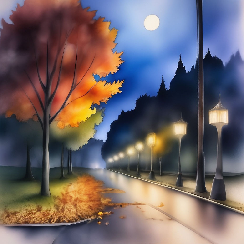 "Watercolor pencil, autumn dark night" — image created in Shedevrum