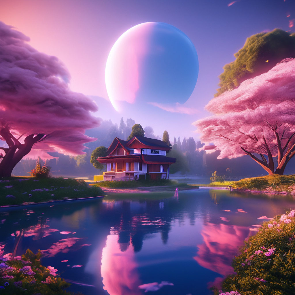 "Beautiful exoplanet,dawn,alien cherry trees, lakes,waterfalls,1 house ...