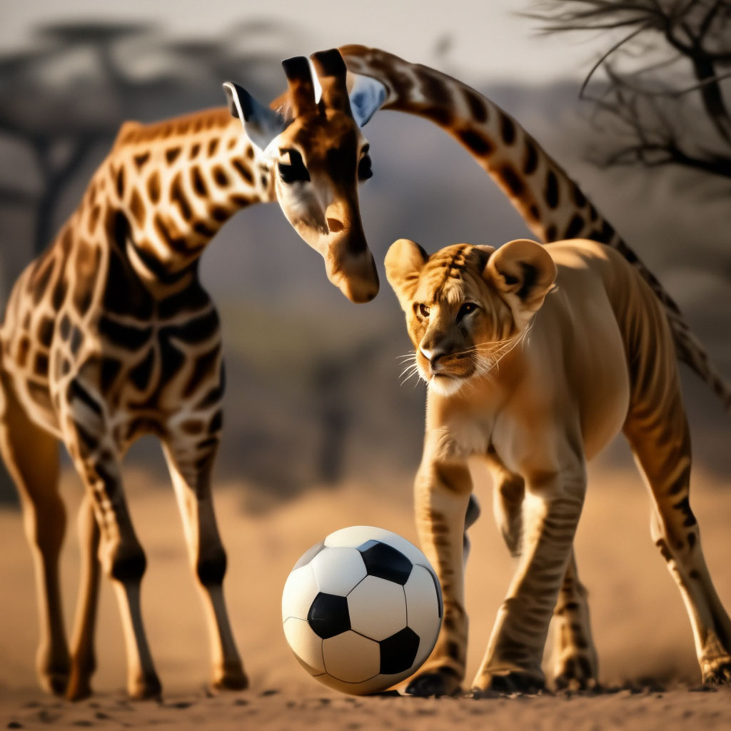 "A lion cub playing soccer with a giraffe using its neck as a gate ...