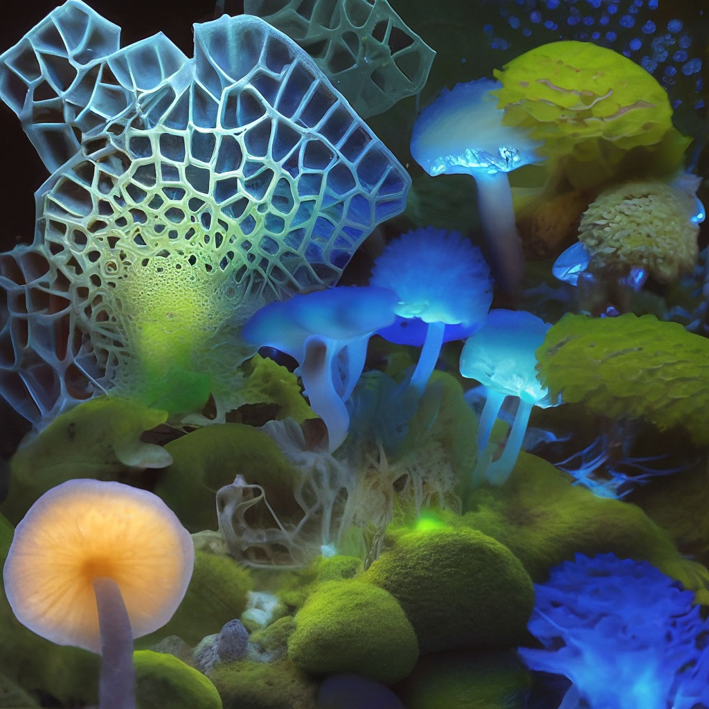 "Collage, honeycomb, fan, moss, bioluminescence, layering, horror ...