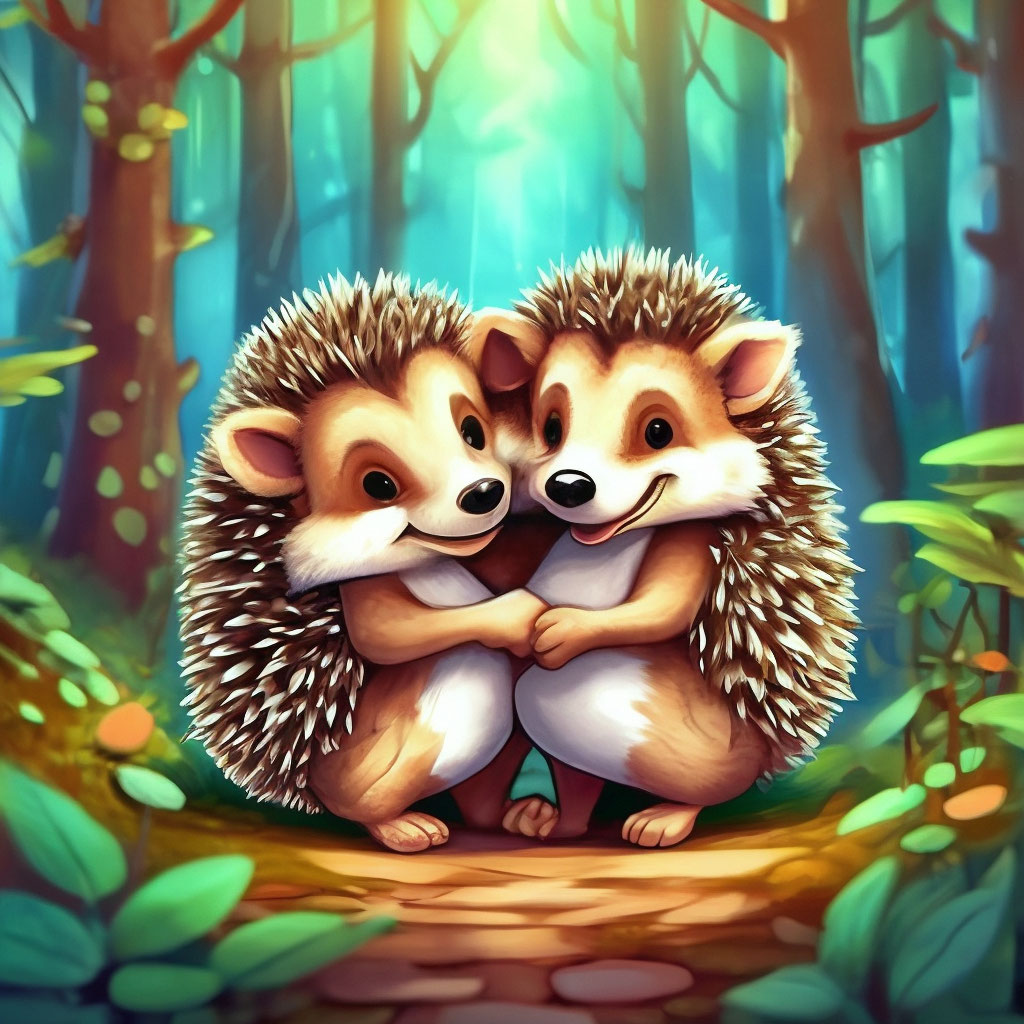 "Cartoon hedgehogs hugging, fantastic forest on the background" — image ...