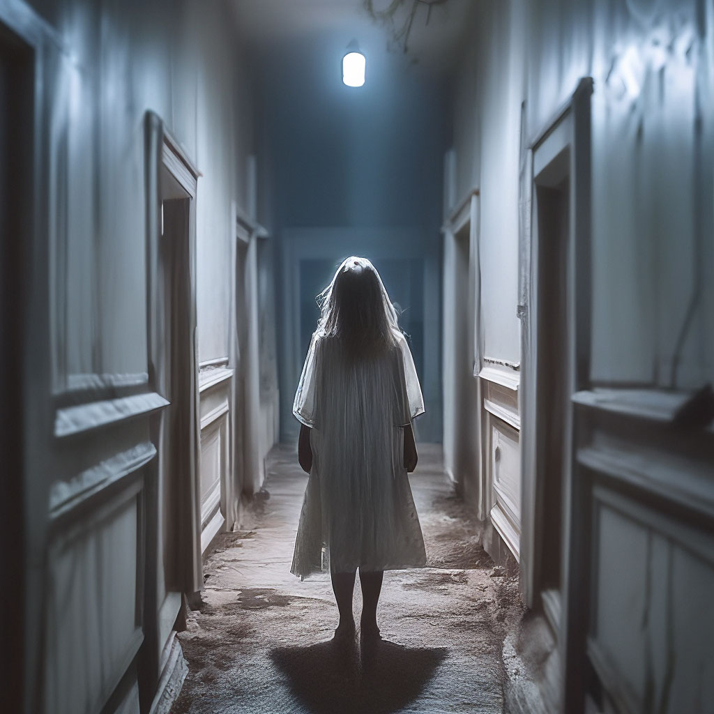 Creepy Little Girl In Hallway Horror Scene Of A Mysterious Scary Asian
