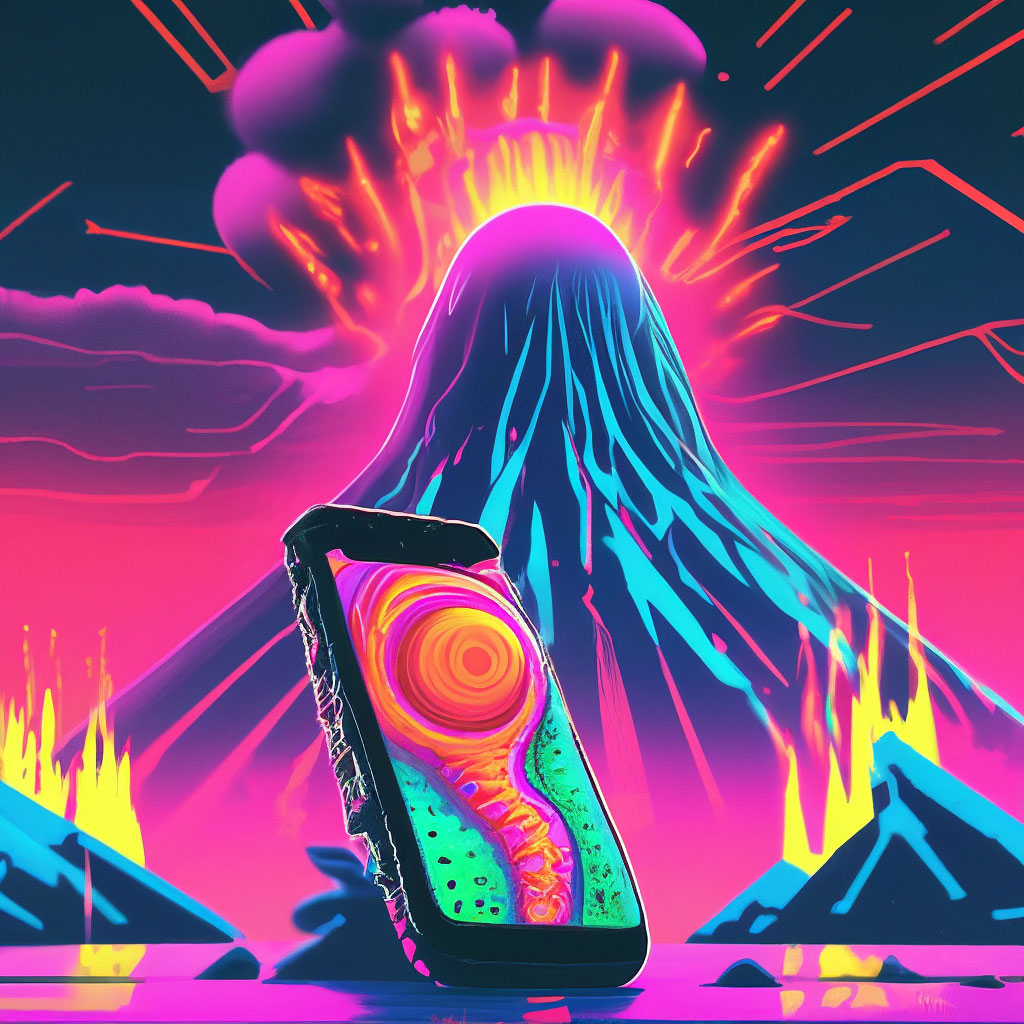 "A slug gets out of a smartphone against the background of an erupting ...