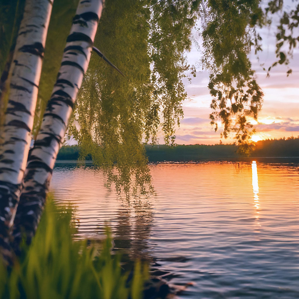 "A beautiful lake. A lush and green birch tree stands near the shore ...