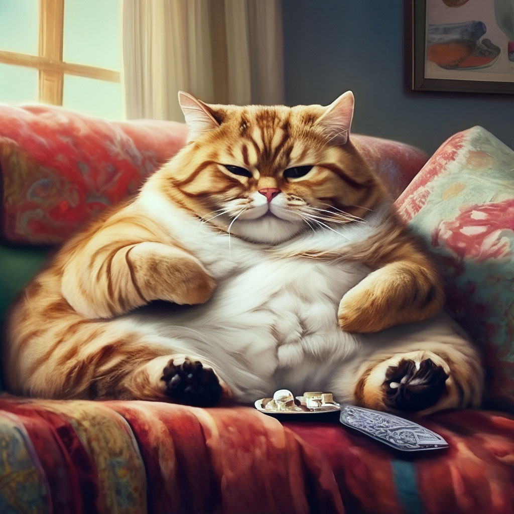 "Big pot-bellied Cat, watching TV and scratching his belly" — image ...
