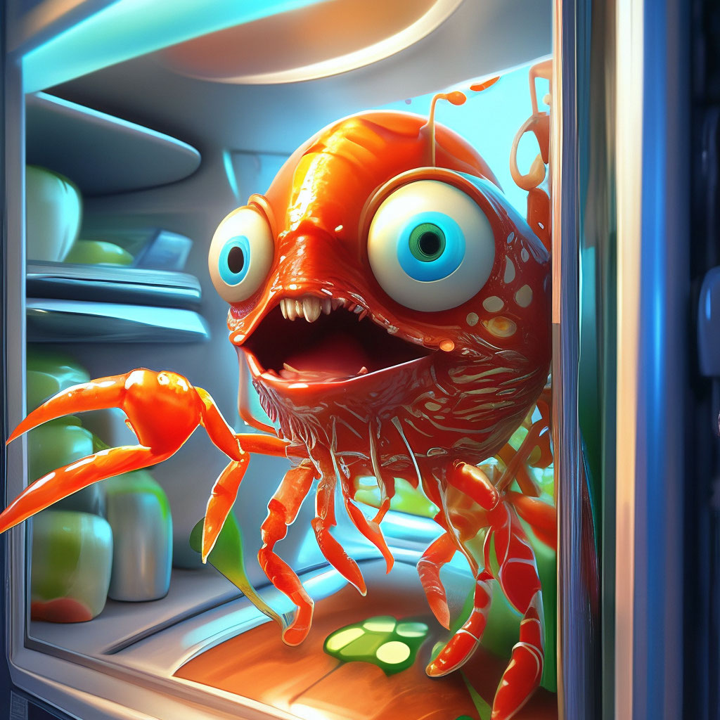 "Funny detailed crazy shrimp with big eyes looks through the glass door ...