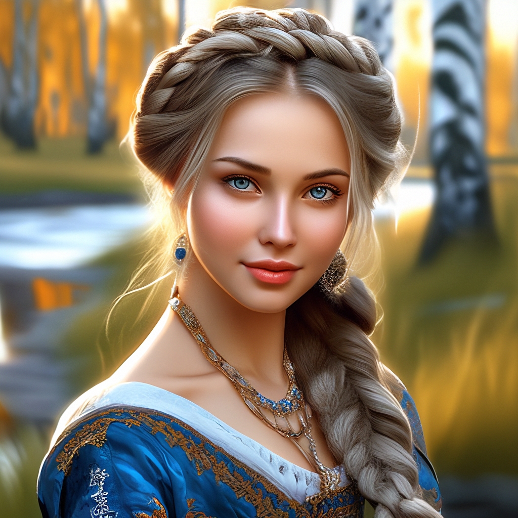 "Anastasia.The hair is braided. Russian-style outfit, beautiful face of ...