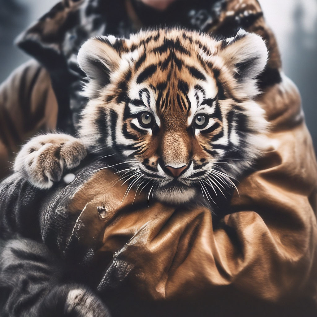 "Fluffy tiger cub in his arms photorealism, aesthetically pleasing ...