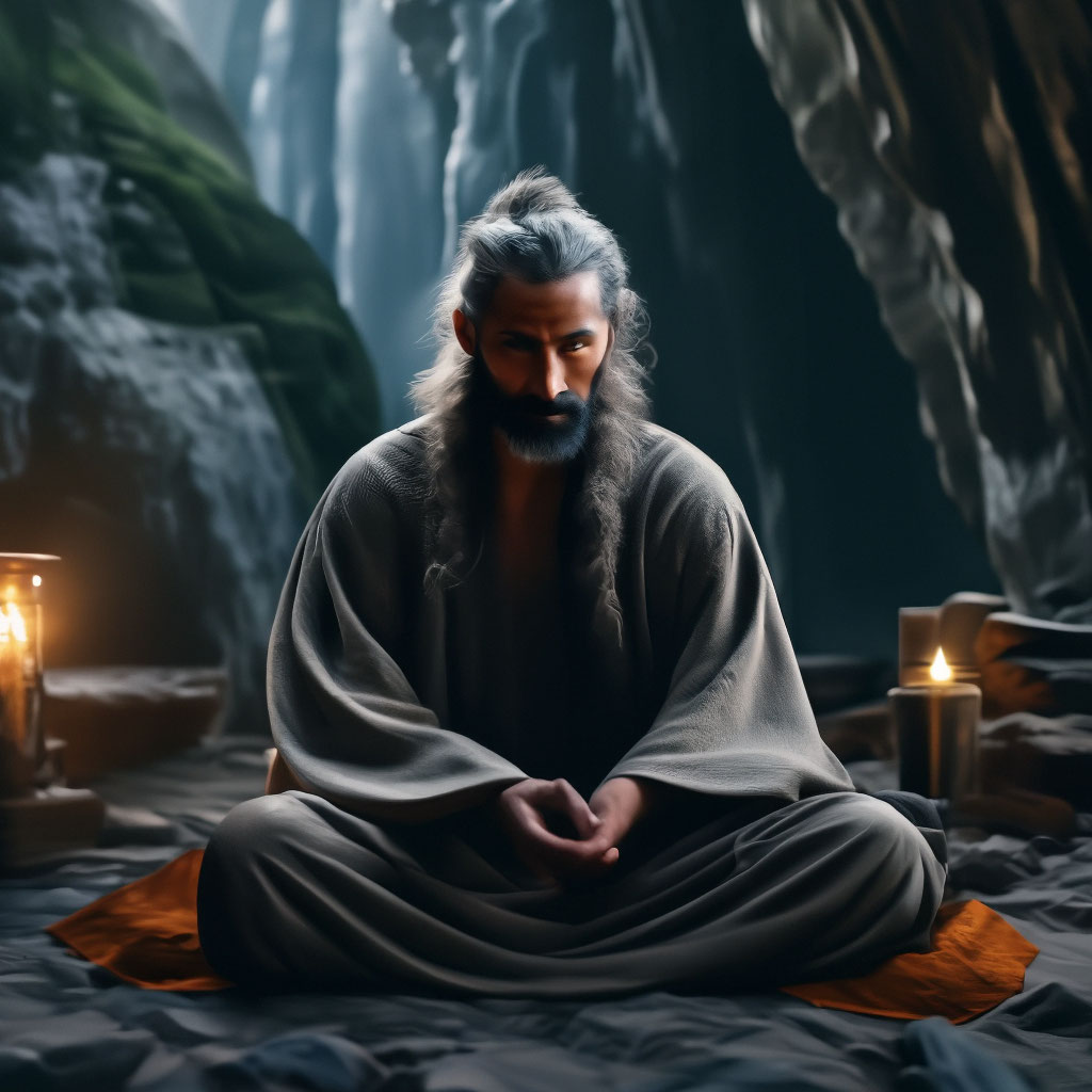 "A sage meditating in his cave" — image created in Shedevrum