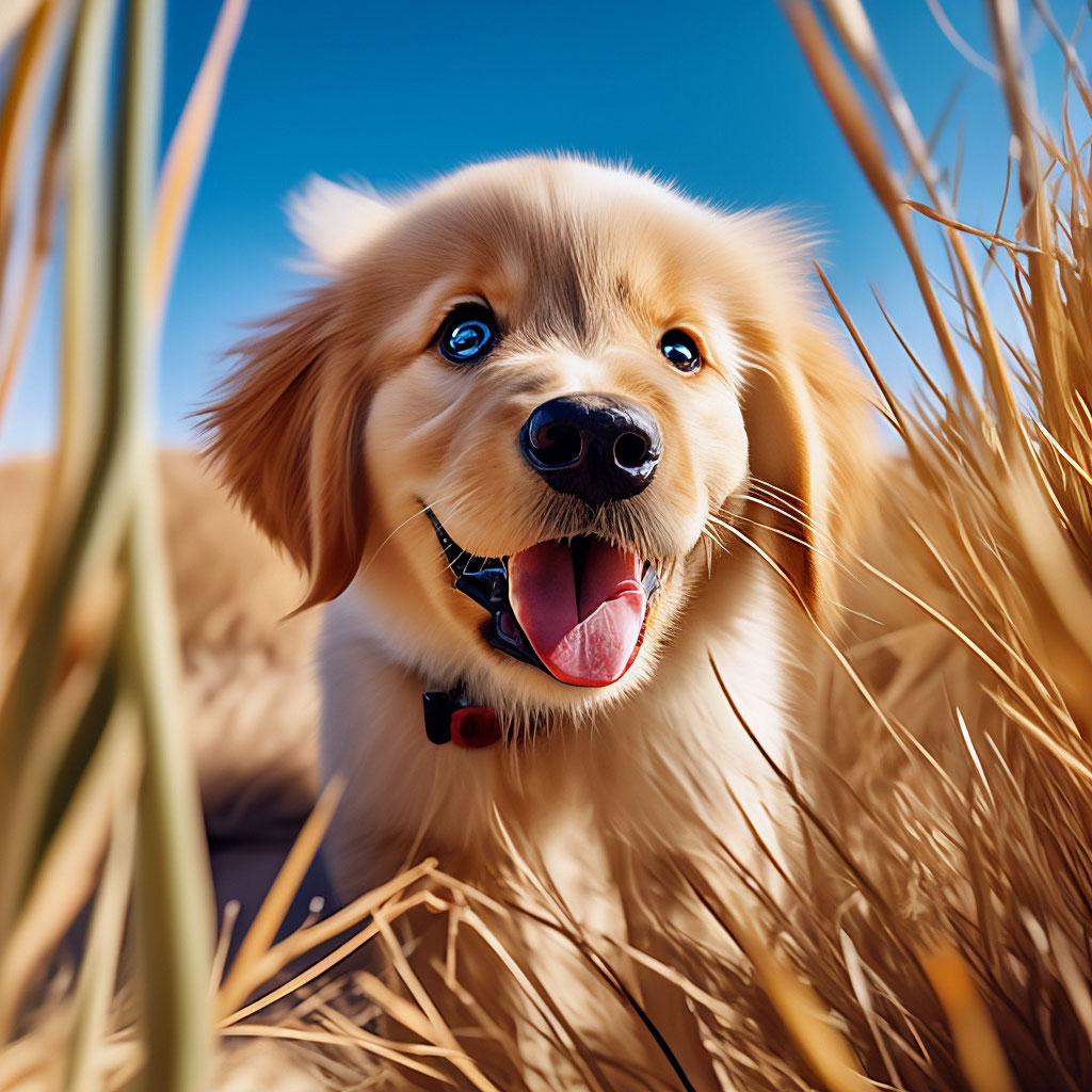 "Golden retriever inquisitive kid,peeks out from behind the grass ...