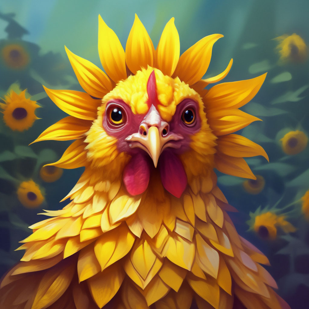 "Anthropomorphic sunflower chicken" — image created in Shedevrum