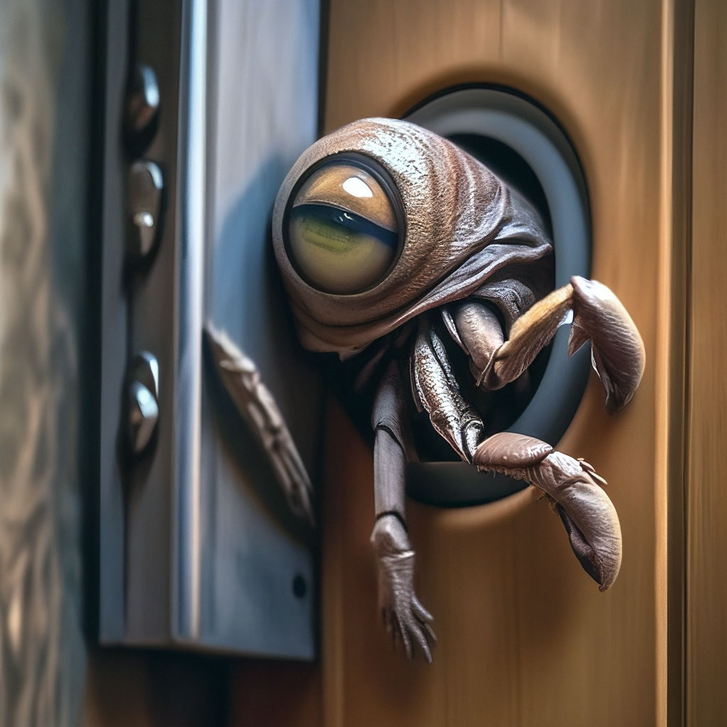 "A scary creature crawls out of the door peephole, hyper realistic ...