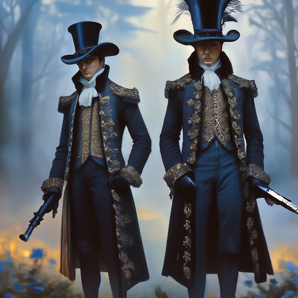 "Duel two gentlemen in top hats, embroidered vests, black coats in the ...