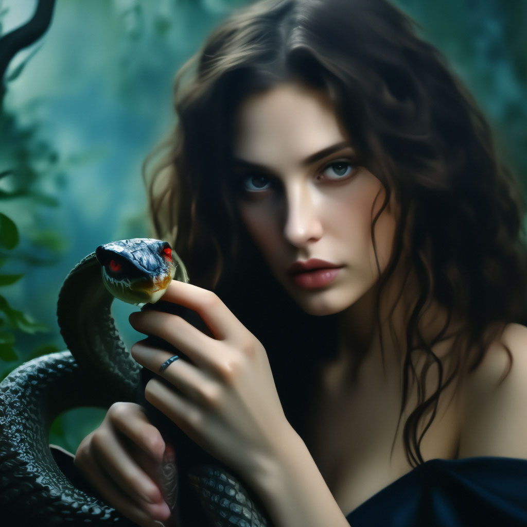 "Genre portrait oil painting, twilight, serpentarium, forest nymph ...