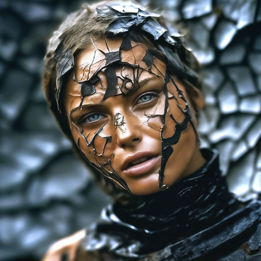 "Amber beauty's face, with black cracks, bright glow of cracks from the ...
