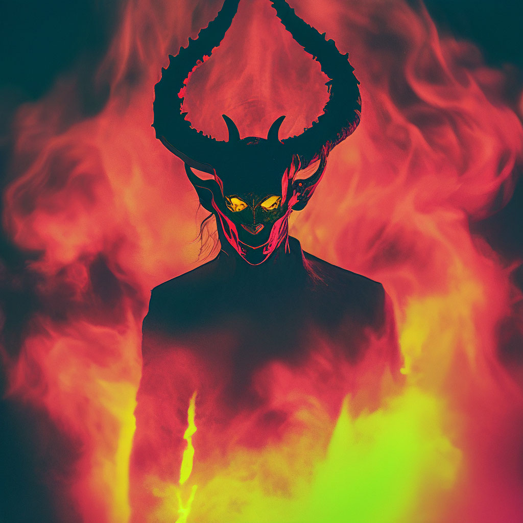 "Silhouette of a demon made of shadow smoke, neon, red, huge horns ...
