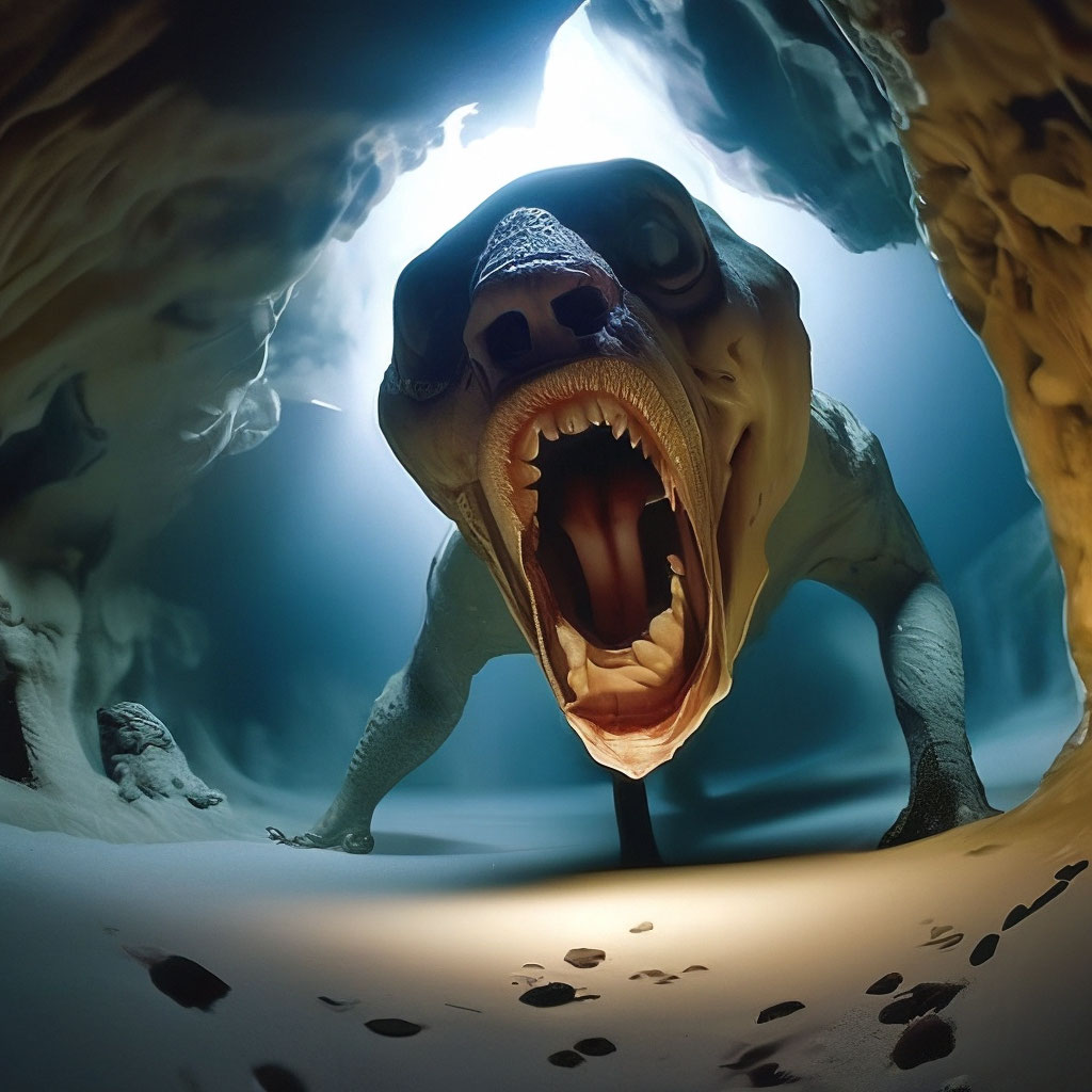 "Night, cave, skinny grotesque monster, pale skin, sharp teeth, horror ...