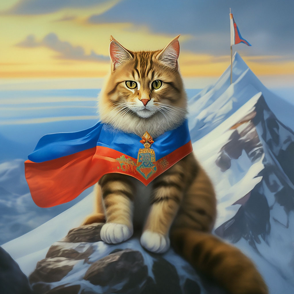 "A Russian cat on top of a mountain holds the tricolor of the Russian ...
