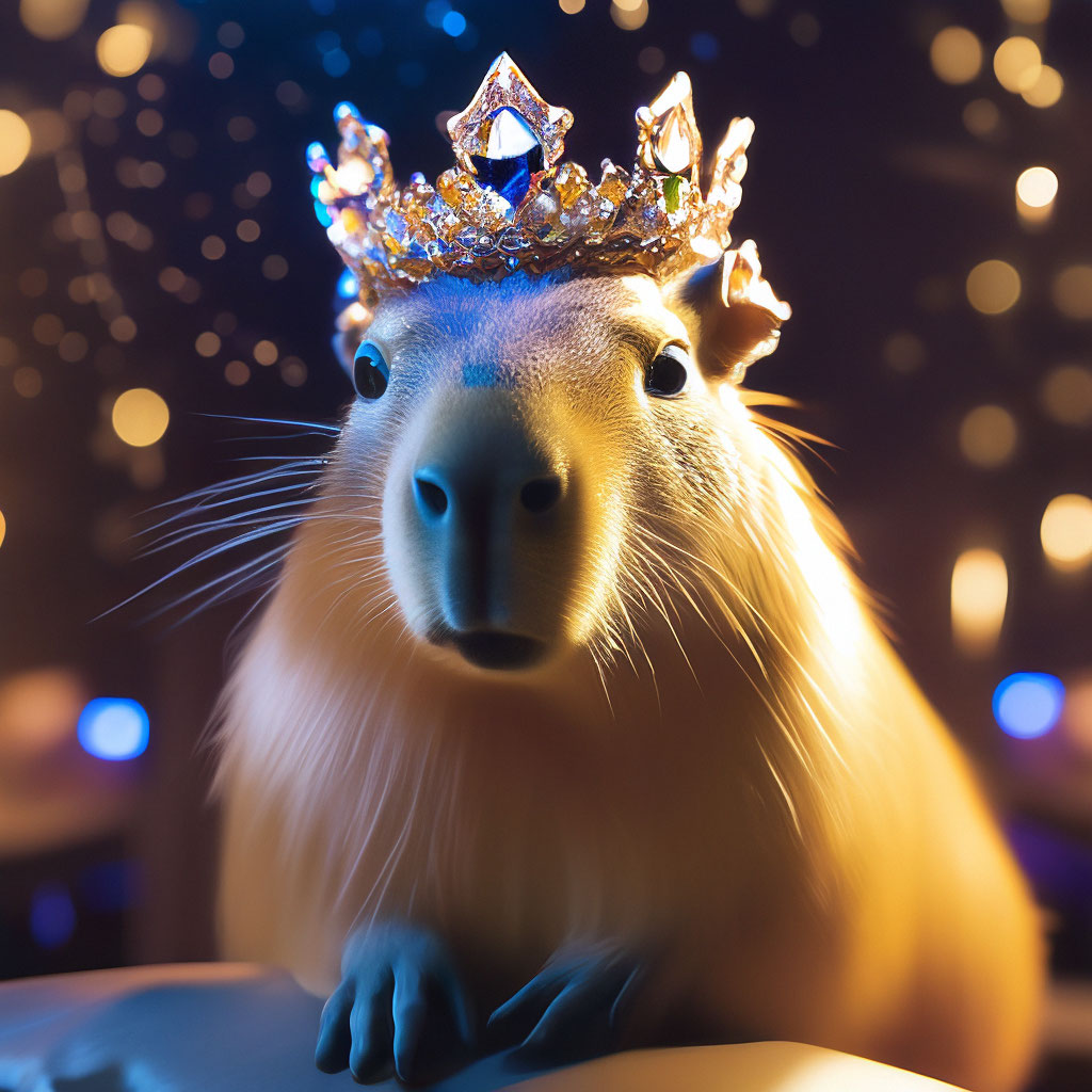 "A capybara with a crystal crown is illuminated by spotlights" — image ...