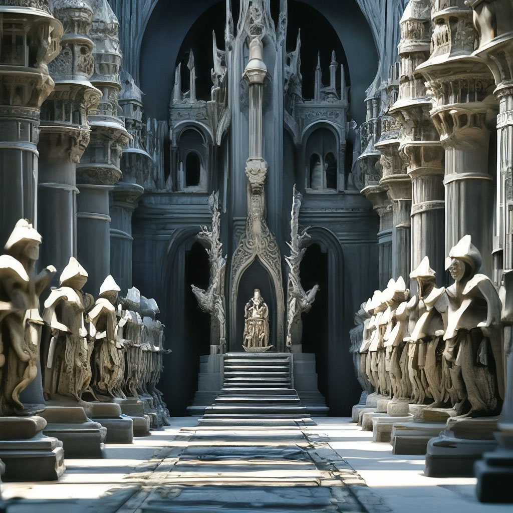 "The dwarf castle in fantasy style, the hall of Traitors, statues and ...