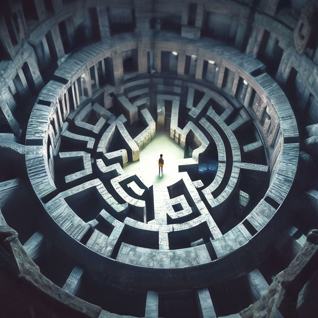 "Top view of the maze in a round dark cave, a man in the center of the ...