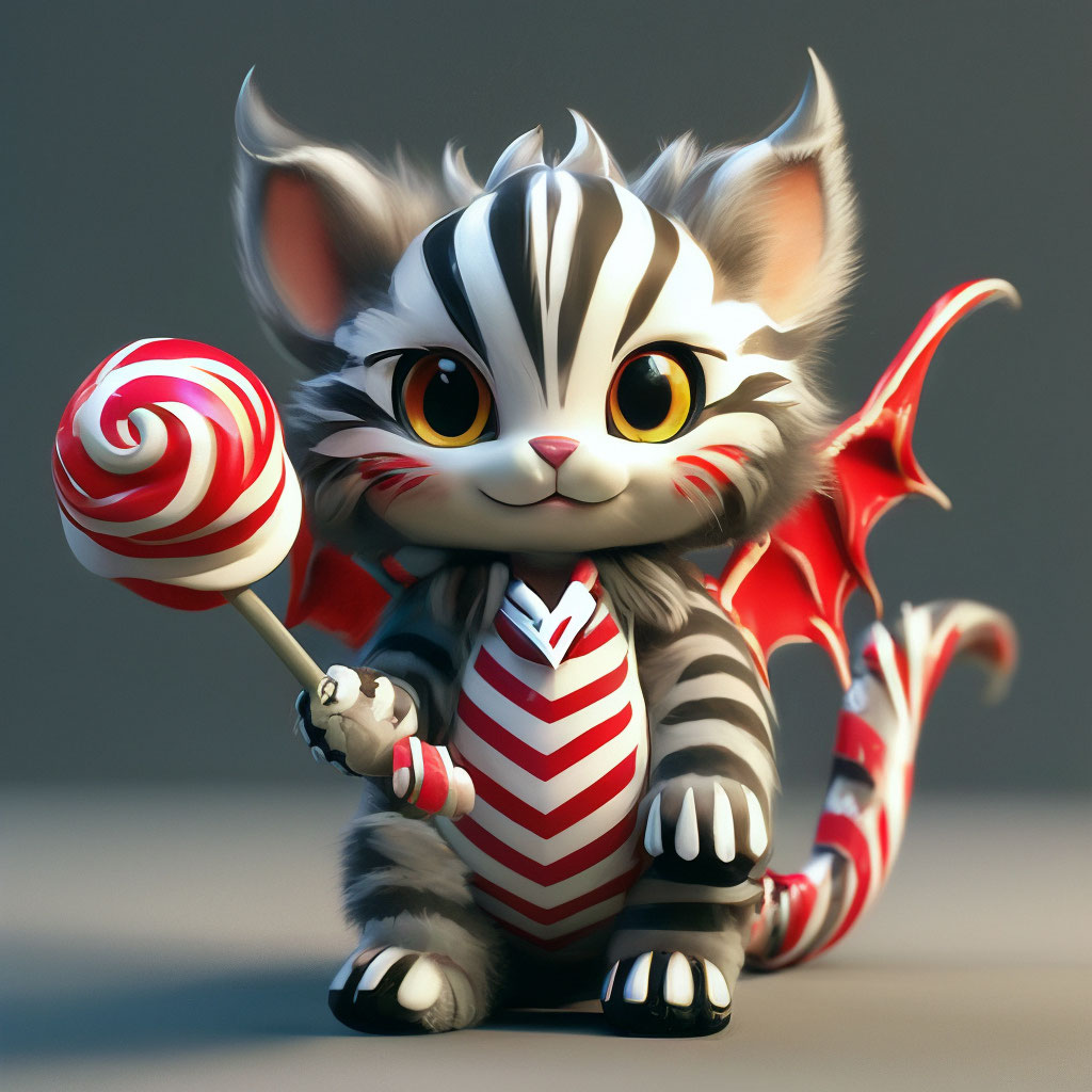 "Winged Cheshire fluffy striped cat dragon Murzik with a red bow ...