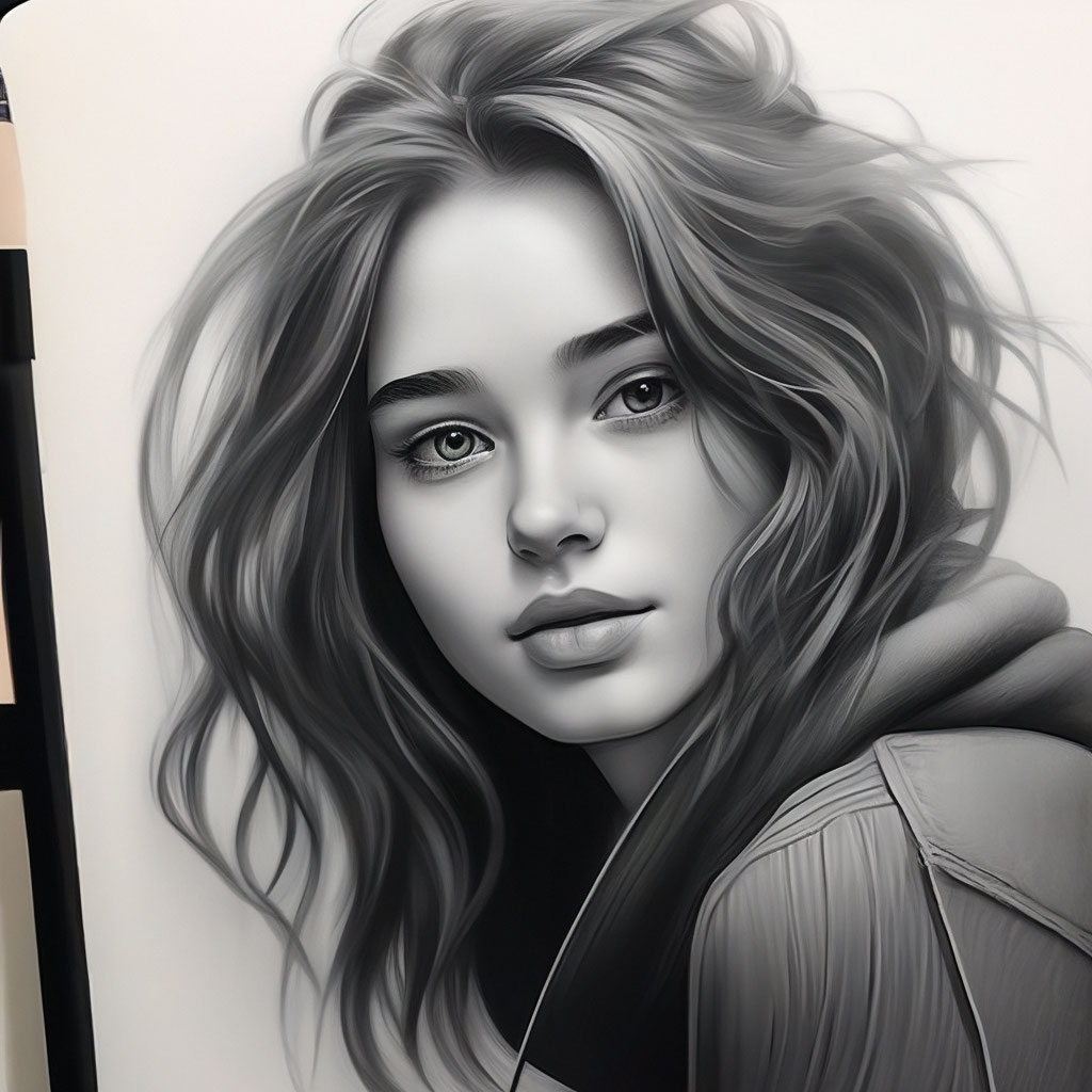 "Portrait of a 25-year-old girl. black and white drawing. half a turn ...