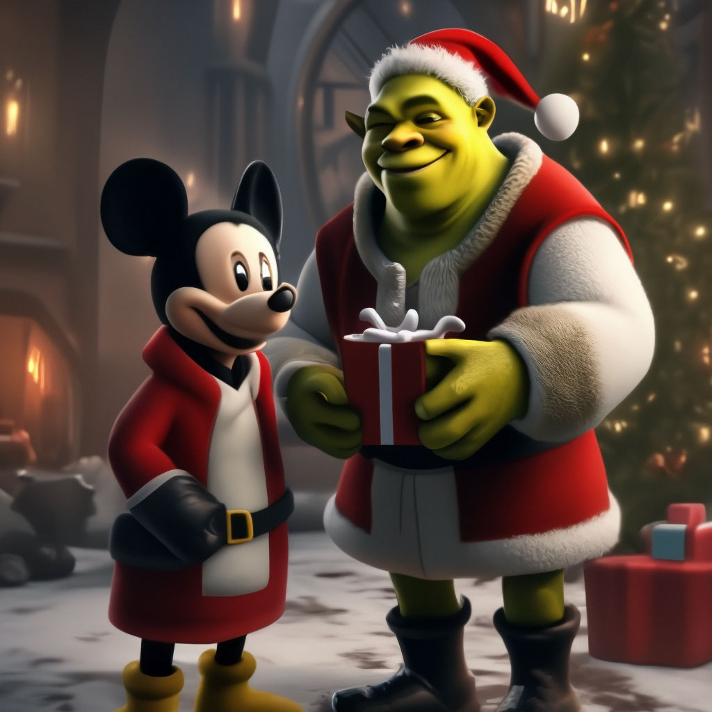 "Shrek in a Santa Claus costume gives gifts to Mickey Mouse" — image ...