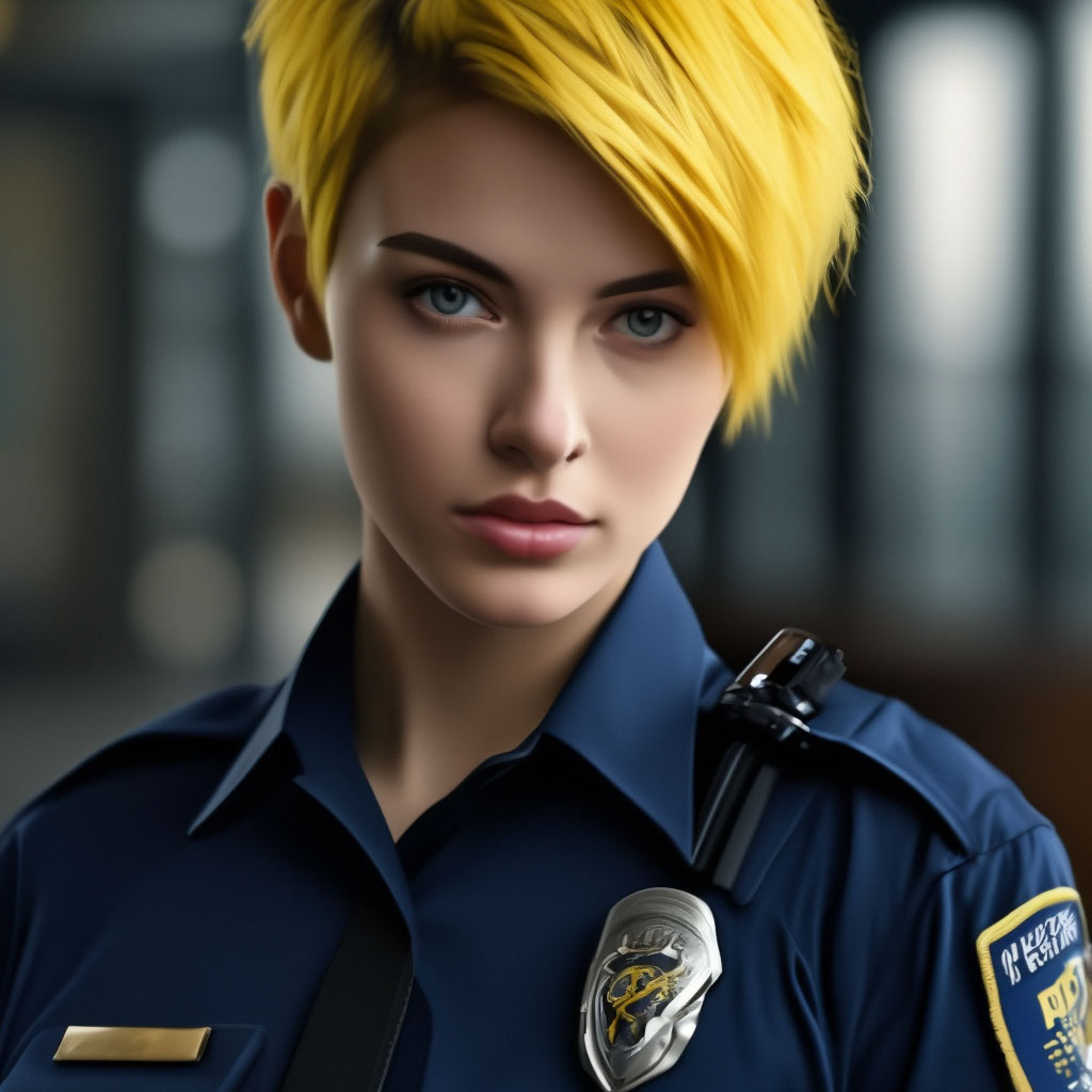 "Police girl with yellow dyed hair, pixie hairstyle, police uniform ...