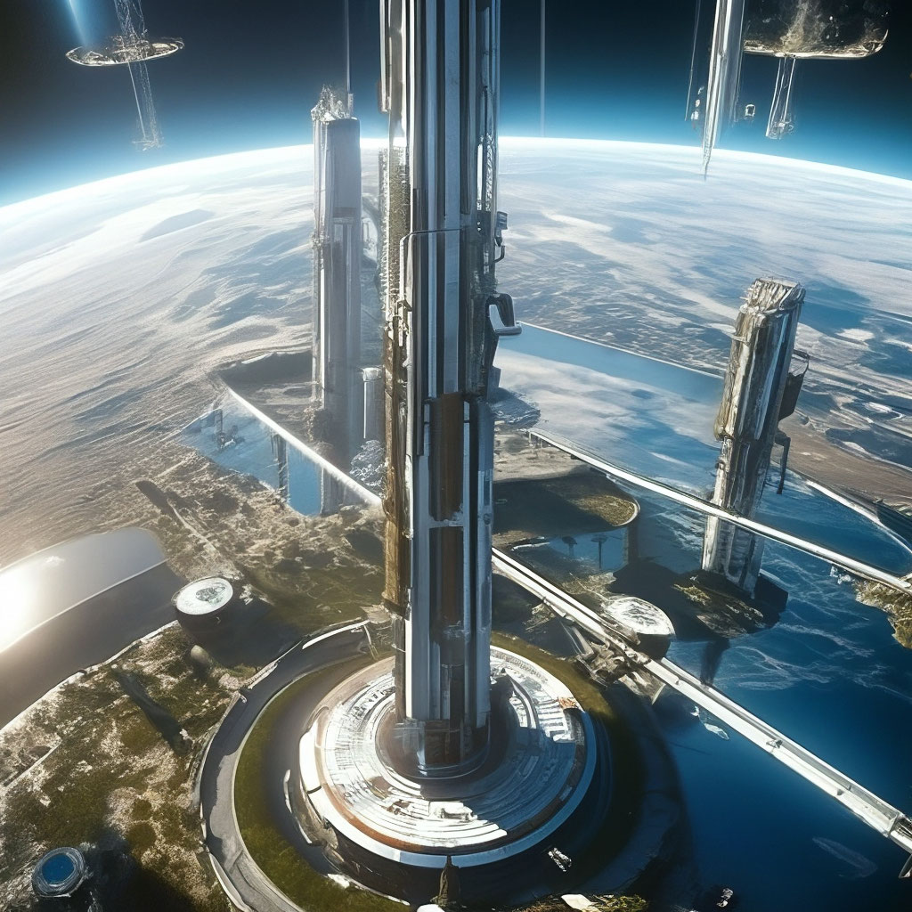 "Technocratic planet with space elevators, view from orbit. realistic ...