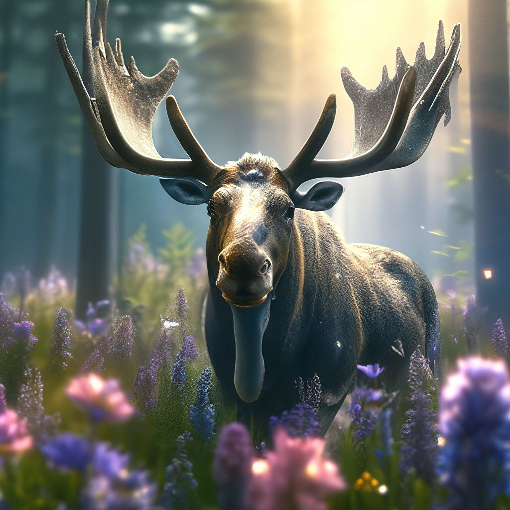 "Moose in the forest, hyperdetalization of the face, body, flowers ...