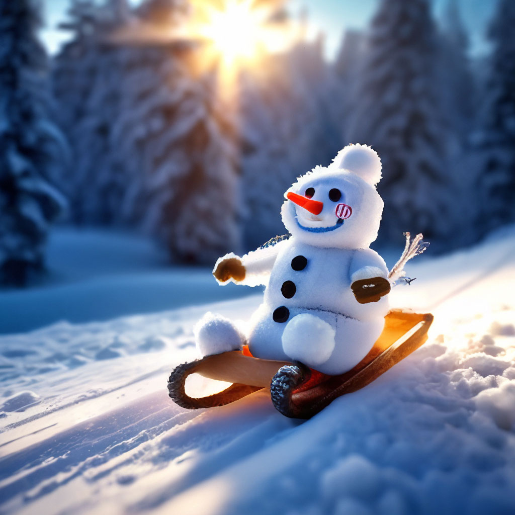 "Fantasy, a newborn snowman rushes down a slide on a sled. winter. snow ...
