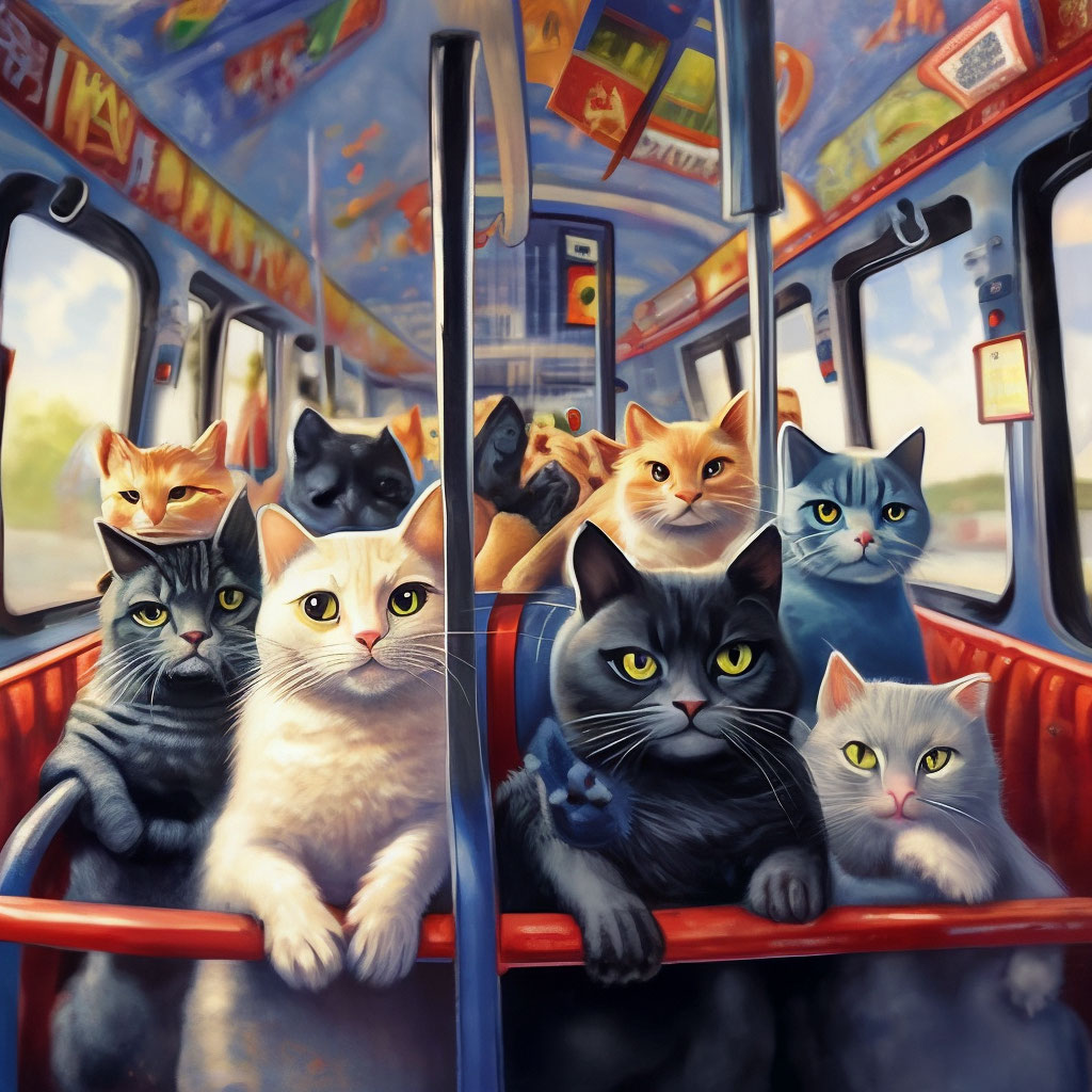 "Cats ride on the bus" — image created in Shedevrum