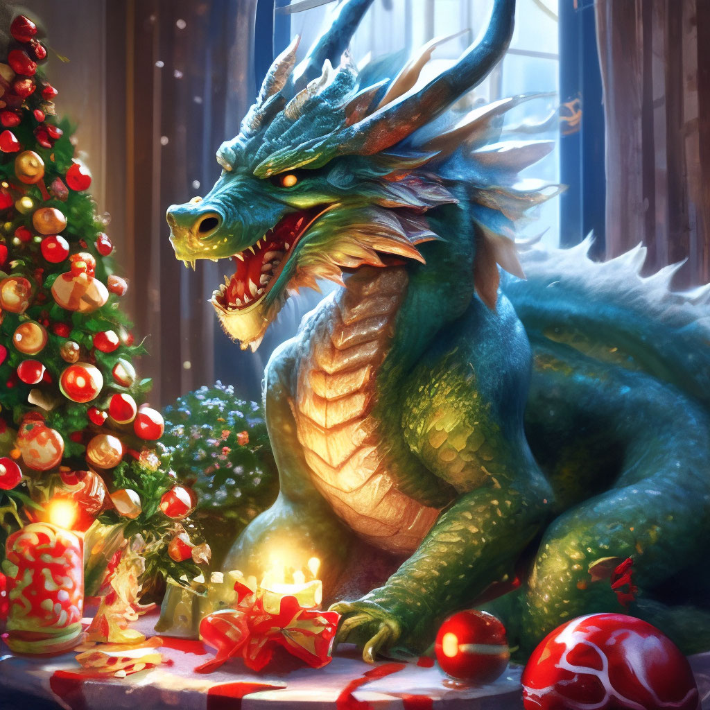 "New Year's dragon at the Christmas tree, 128k" — image created in ...