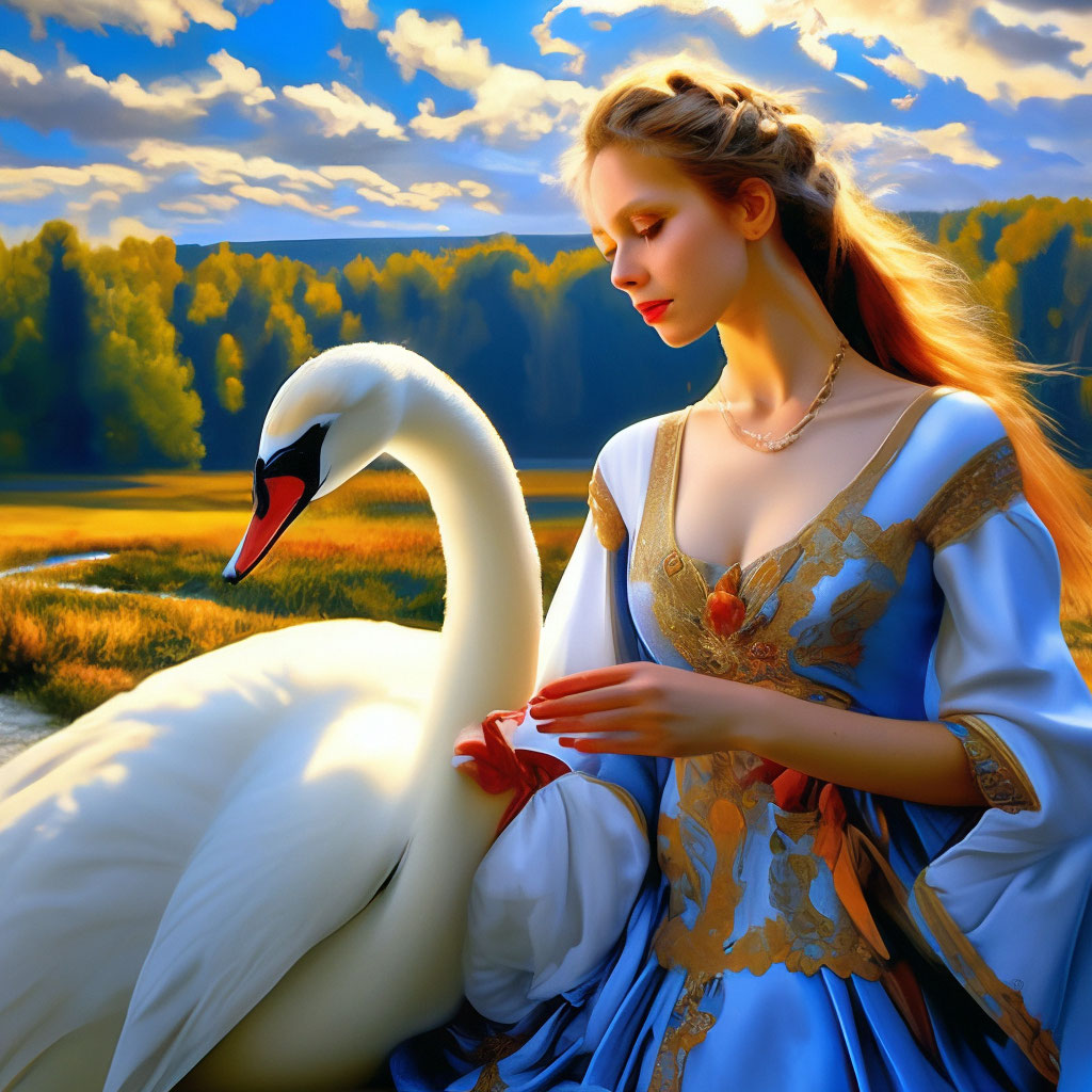 "Swan princess, an ancient Russian beauty next to a swan, flying with ...