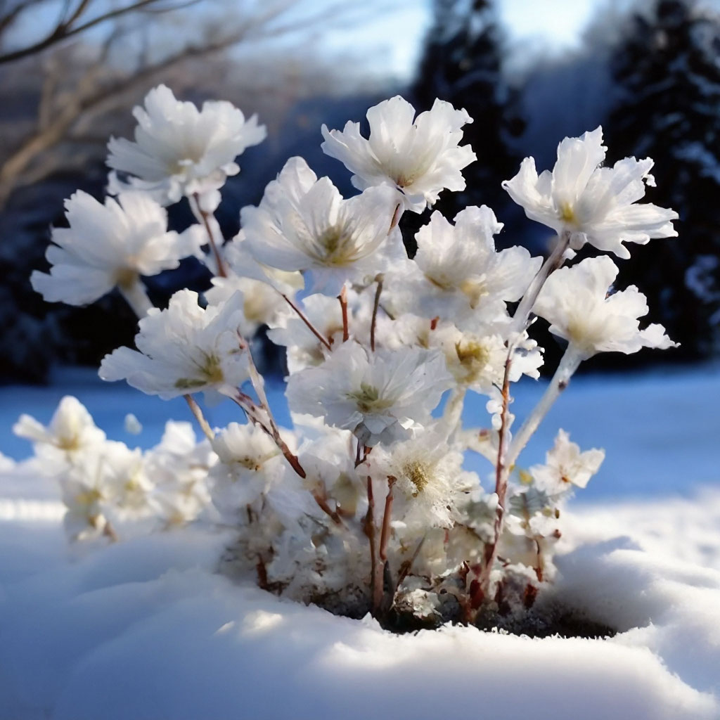 "The most winter flowers made of snow and ice" — image created in Shedevrum
