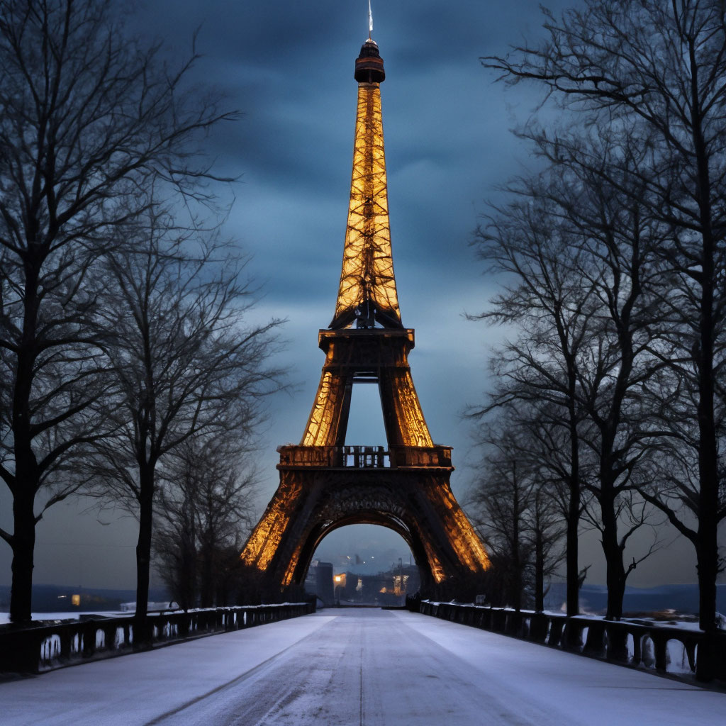 "Night, winter, tree, elfin tower" — image created in Shedevrum