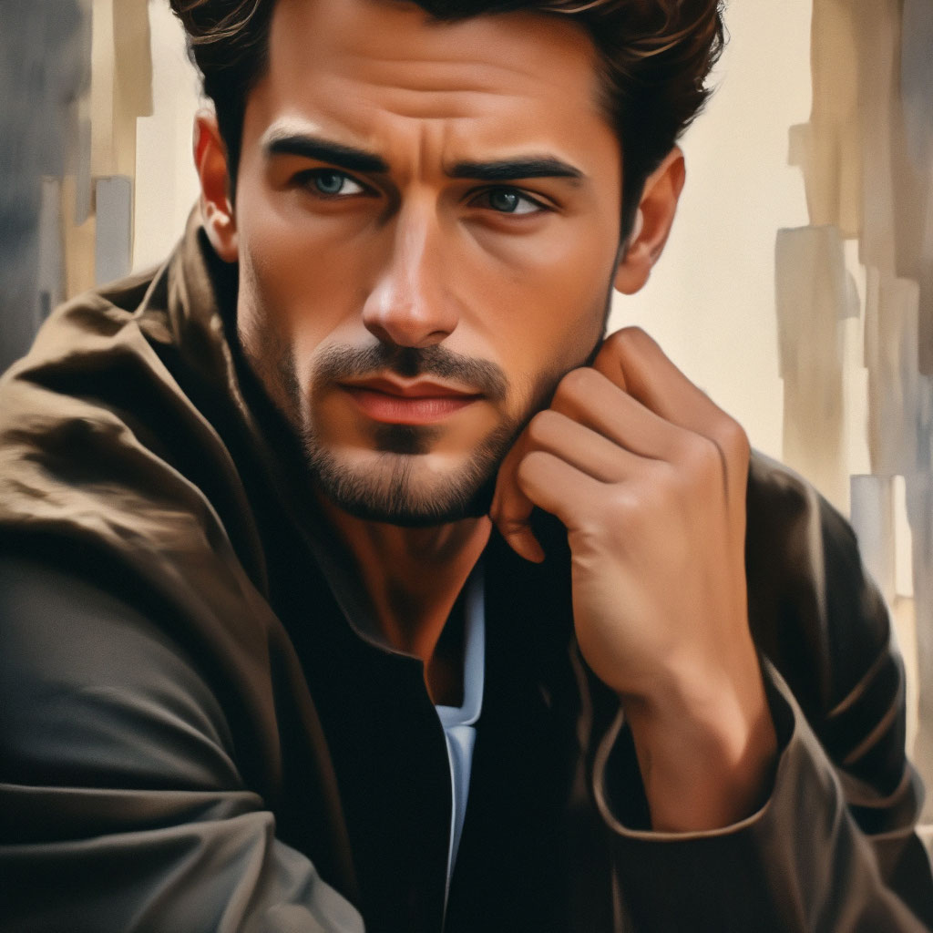 "A handsome man, thoughtfully leaning on his hands, looking away ...