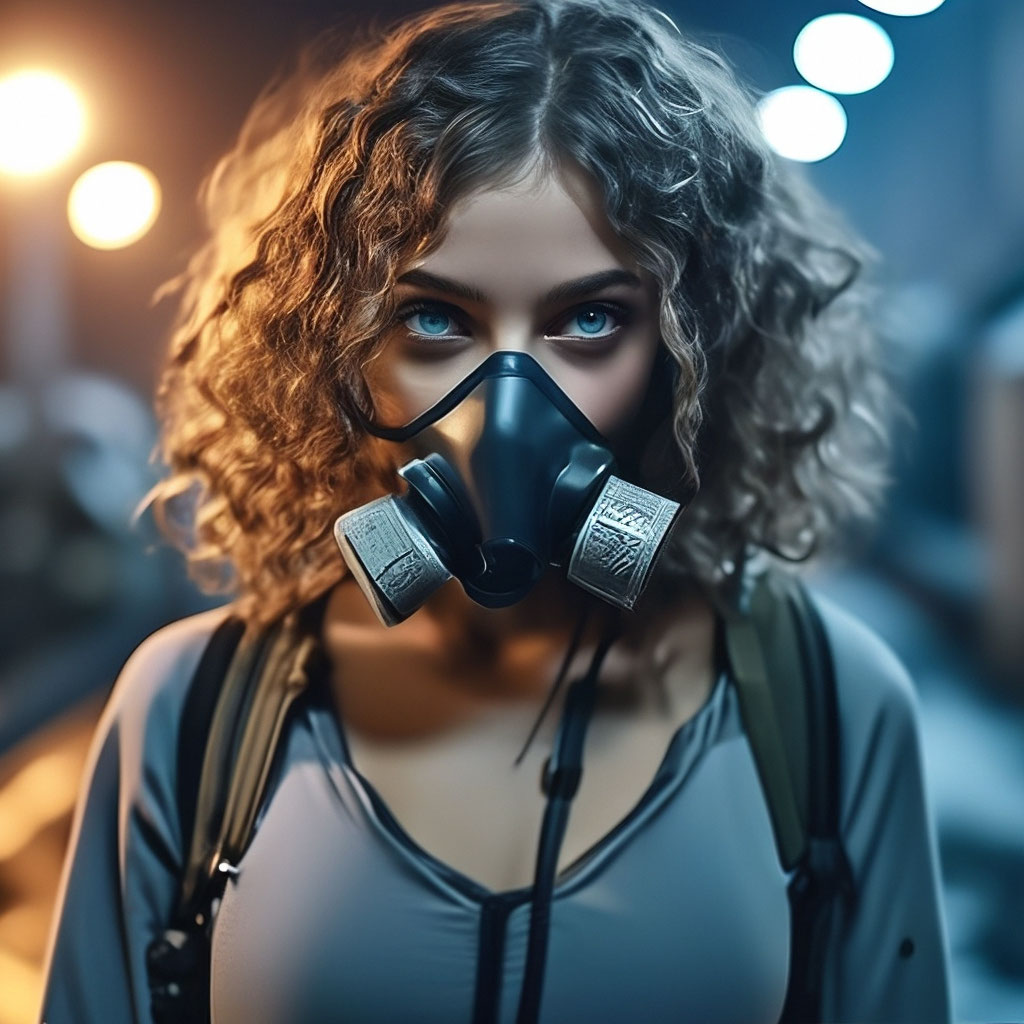 "Adult beautiful stalker girl, curly, big cute eyes, in a gas mask ...