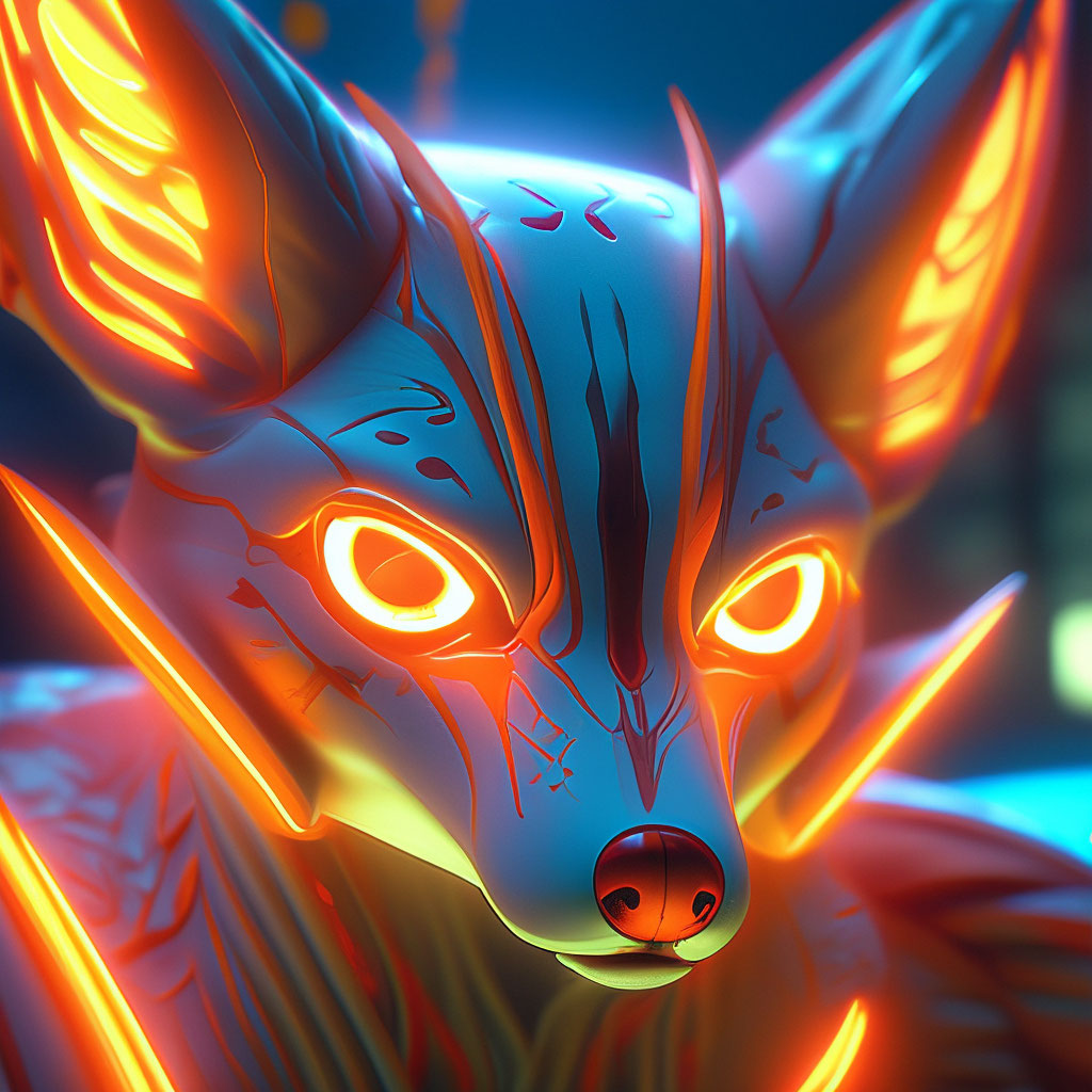 "Nightmarish foxy with bright orange eyes, 4k, high detail, neon ...