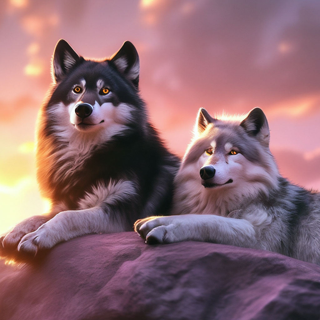 "Black smoky wolf and white fluffy wolf, lying on a rock, basking ...