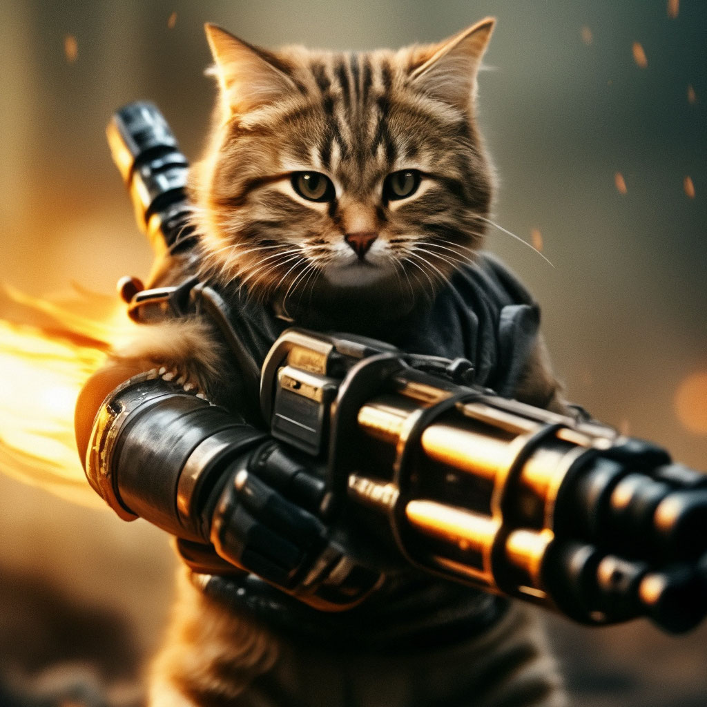 "Cat with a minigun" — image created in Shedevrum