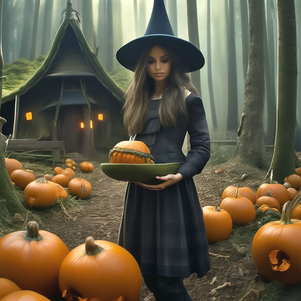 "Hut forest, pumpkins grow, witch girl, surrealism hyperrealism ...