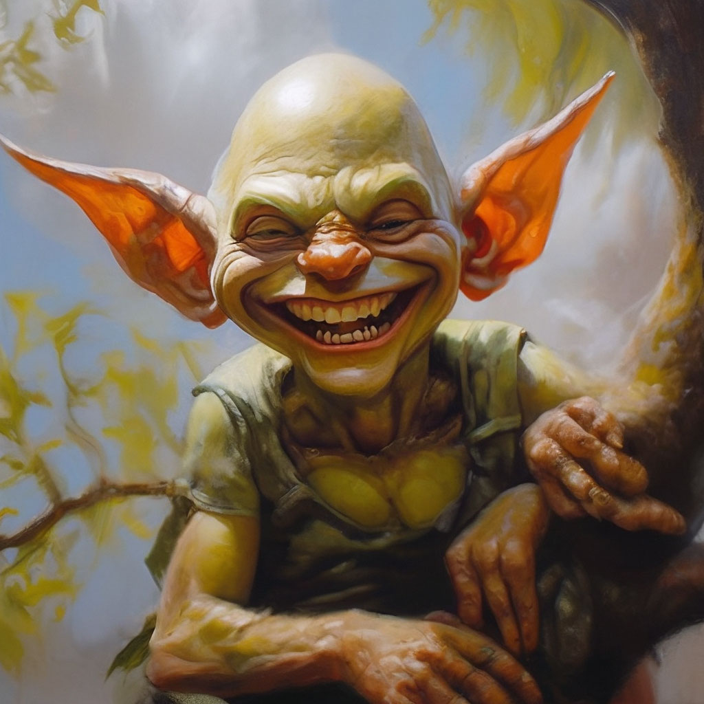 "Small scary bald goblin, smiling evilly, goblin sitting on a tree ...