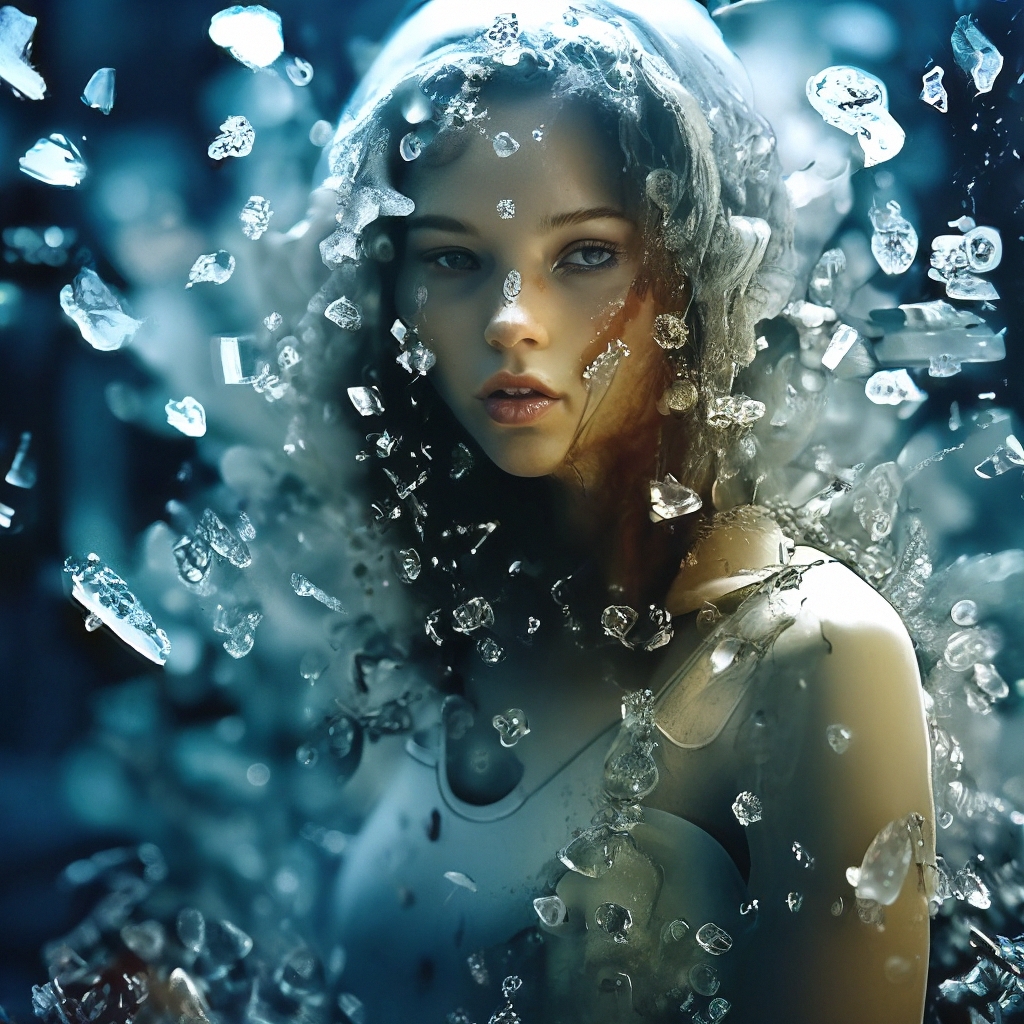 "Girl, glologramma, glass, cracks, nano particles, surrealism, deviant ...