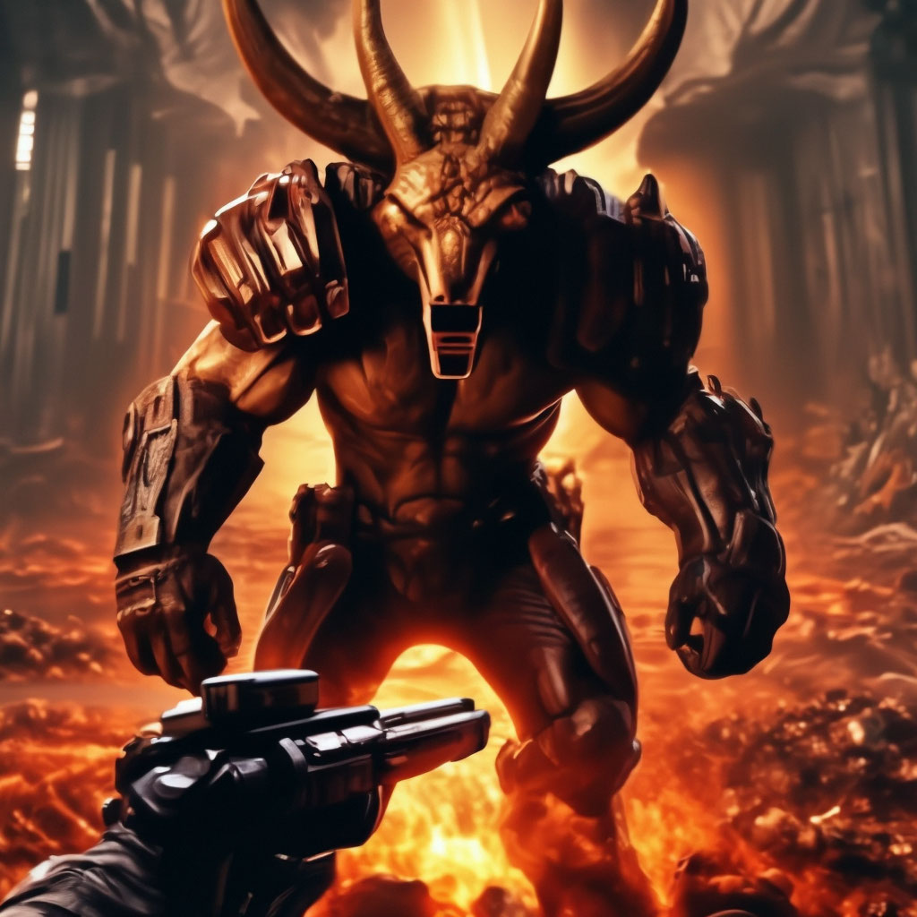 "Doom guy 1993 with a gun shoots at Baphomet and his servants in hell ...