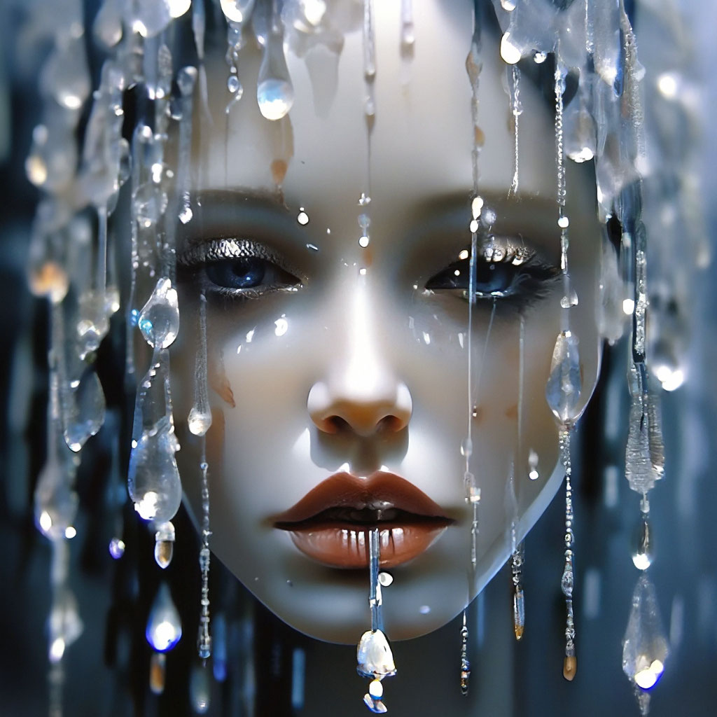 "Crystal rain, face, filigree details, tears, sadness, crystal, glitter ...