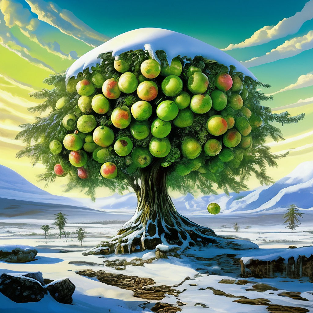 "In the middle of the icy desert grows a large green tree full of ...